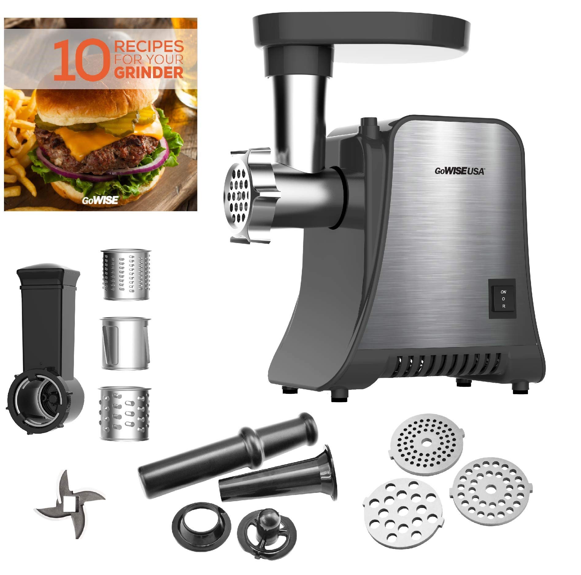 GoWISE USA GW88010 800-Watt Max 4-in-1 Electric Meat Grinder and Food Processor, Small, Stainless Steel