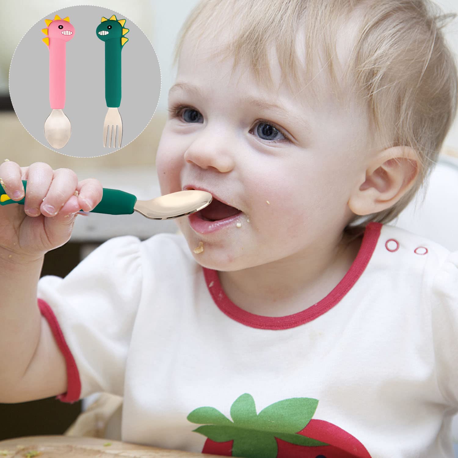 NICINGU Toddler Utensils,Baby Spoons Fork Sets,Kids Silverware with Silicone Handle,Dinosaur Toddler Spoons Forks-Blue