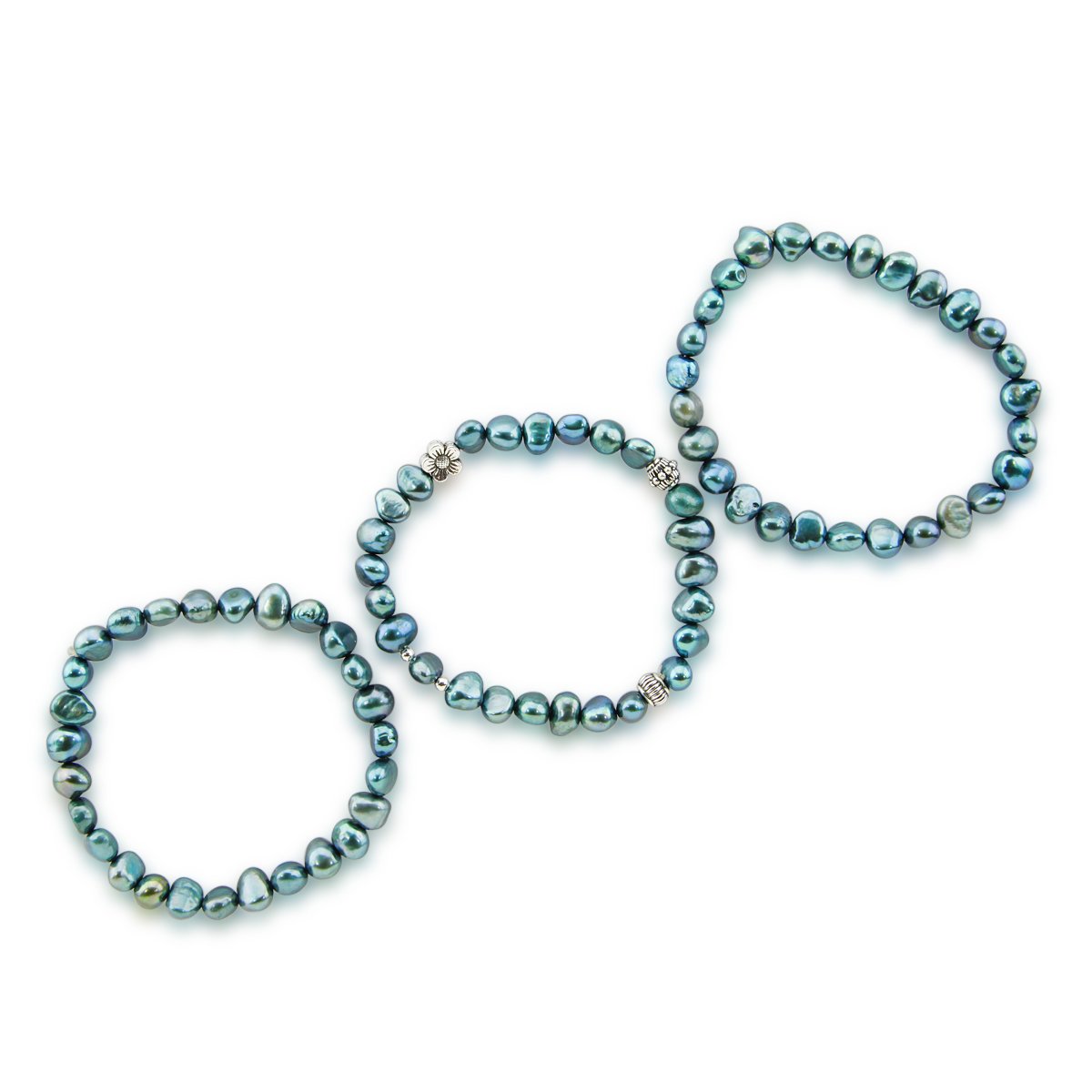 Genuine Freshwater Cultured Pearl 7-8mm Stretch Bracelets with Base-Metal-Beads (Set of 3) 7.5" (Blue)