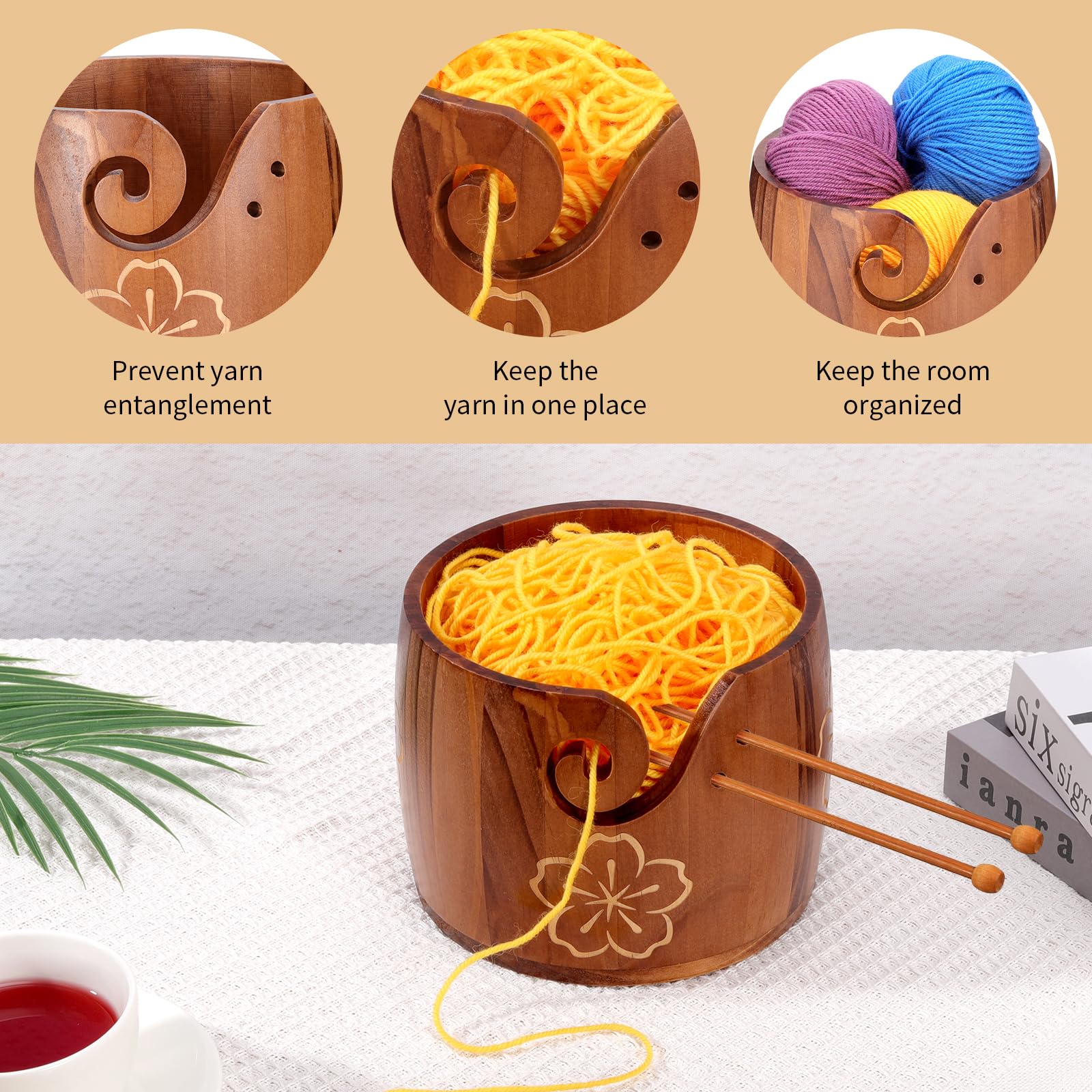 Yarn Bowl Large Size 5''x7'' Pine Wood Unique Design Crochet Bowl for Yarn Holder Knitting Crochet Macrame Craft Supplies