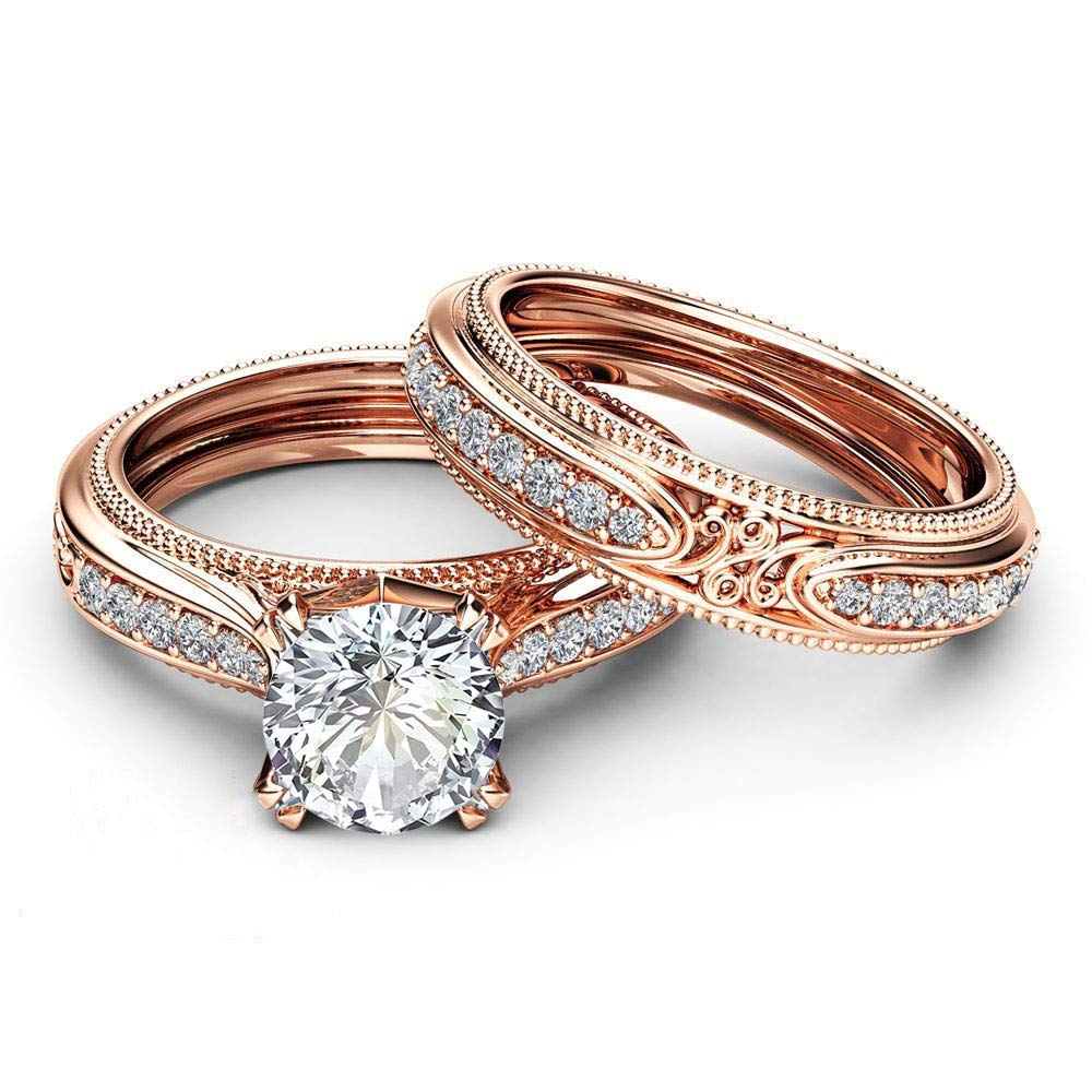 hsiyyecg Fashion Wedding Engagement Rings Set for Women Rose Gold Round CZ Promise Bridal Band Size 6-10 (US Size 7)