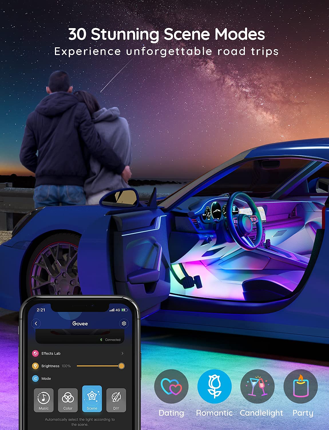 Govee Smart Car LED Strip Lights, RGBIC Interior Car Lights with 4 Music Modes, 30 Scene Options and 16 Million Colors, APP Control 2 Lines Design LED Car Lights for SUVs, DC 12V