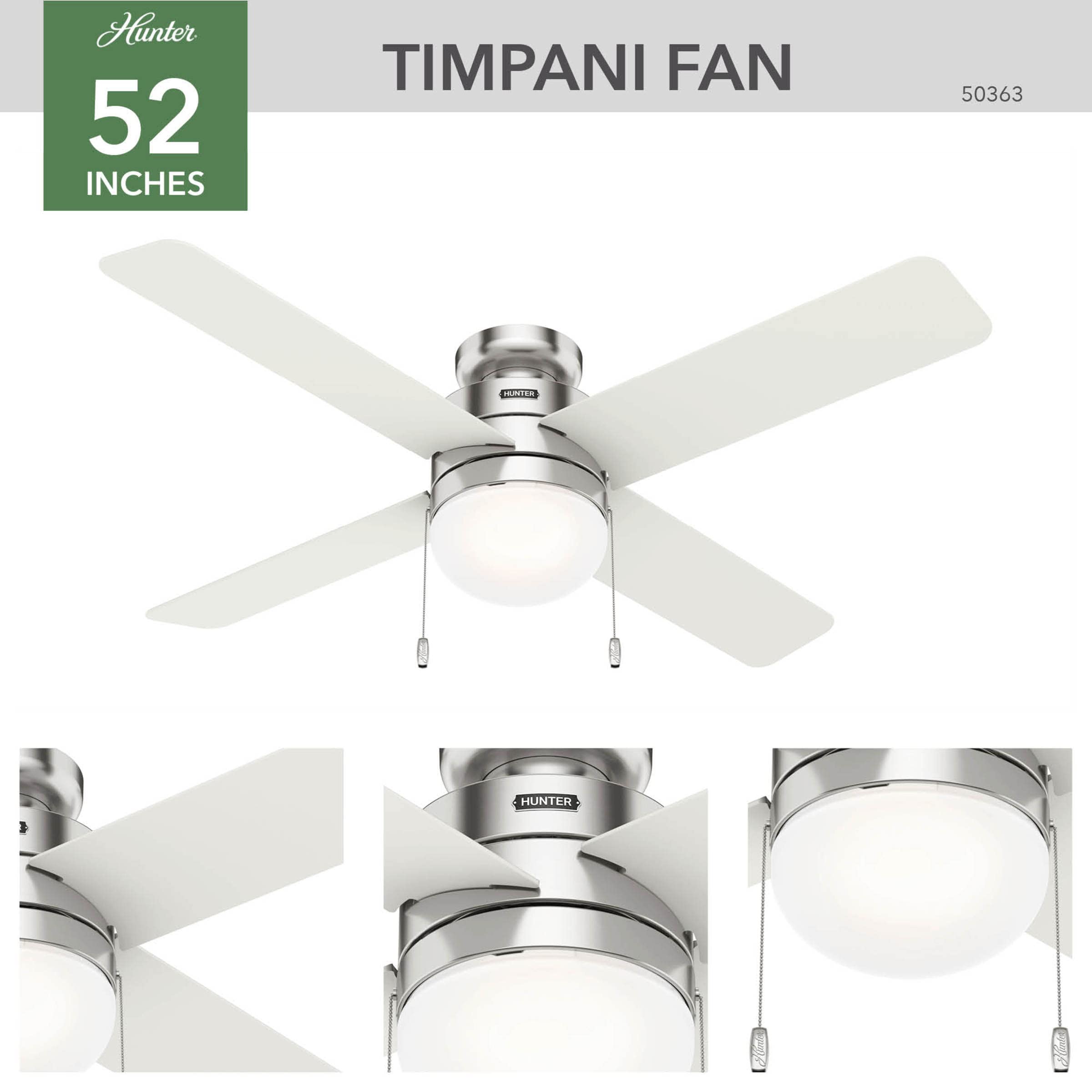 Hunter Fan Company, 50362, 52 inch Timpani Fresh White Low Profile Ceiling Fan with LED Light Kit and Pull Chain
