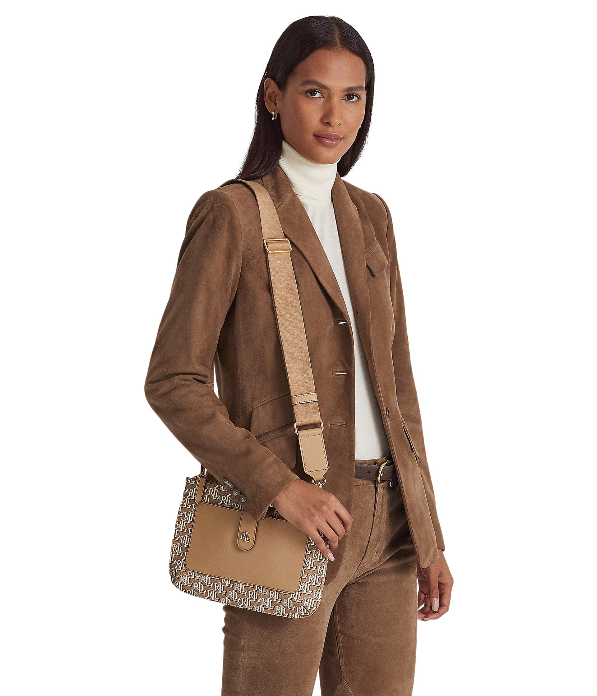 LAUREN Ralph Lauren Monogram Coated Canvas Medium Jamey Crossbody Bag Light Camel One Size