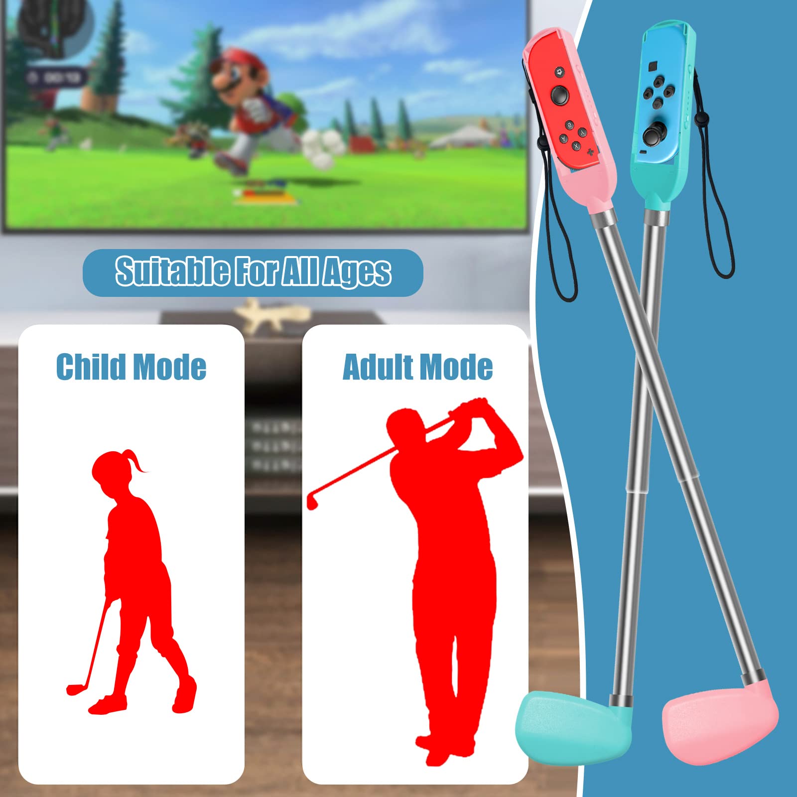lelinker 2Pack Golf Club for Mario Golf Switch Game Sports Accessories, Golf Switch Game Sports Accessories 4 Lengths Adjustable Grip with Wrist Strap for Mario Golf Switch Sports(Blue/Pink)