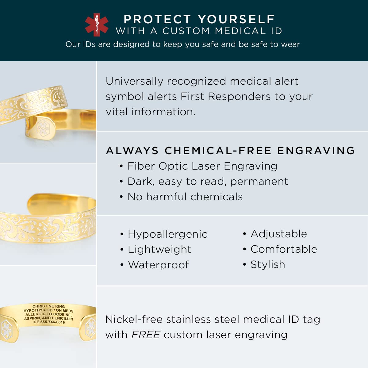 Lauren's Hope Custom Engraved Medical ID Cuff Bracelets for Women, Rose Gold, Silver and Gold (Gold Tone)