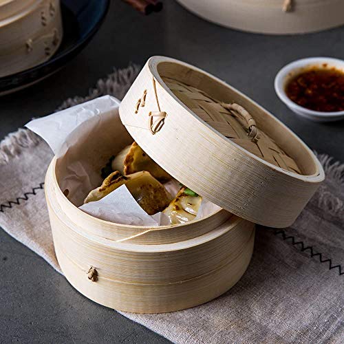 Yuho Asian Kitchen 6 Inch Bamboo Steamer Basket, Individually Box, 2 Tiers & Lid, 10 Parchment Liners, Perfect For Steaming Dumplings, Vegetables, Meat, Fish, Rice (Holiday Gifts)