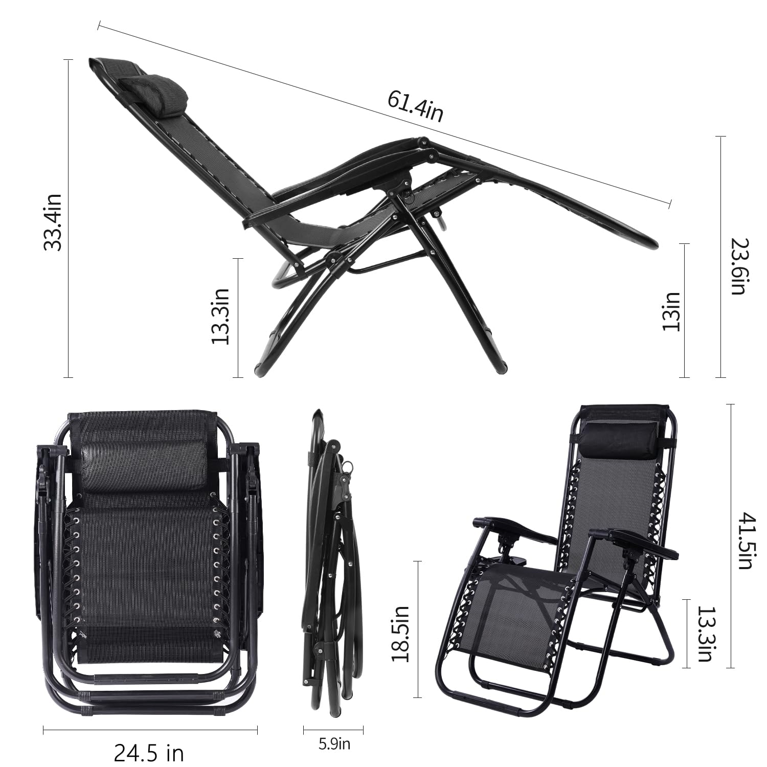 VTOY Zero Gravity Folding Reclining Lounge Chair with Pillow,Adjustable Reclining Patio Chairs,Side Table for Home/Office/Camping/Pool Yard with Cup Holder (Black)