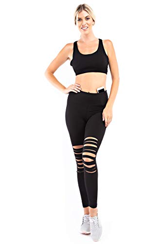 Hype Up Women's High Waisted Ripped Super Buttery Soft Active Wear Full Length Leggings with Inner Pocket (S-3X) Black