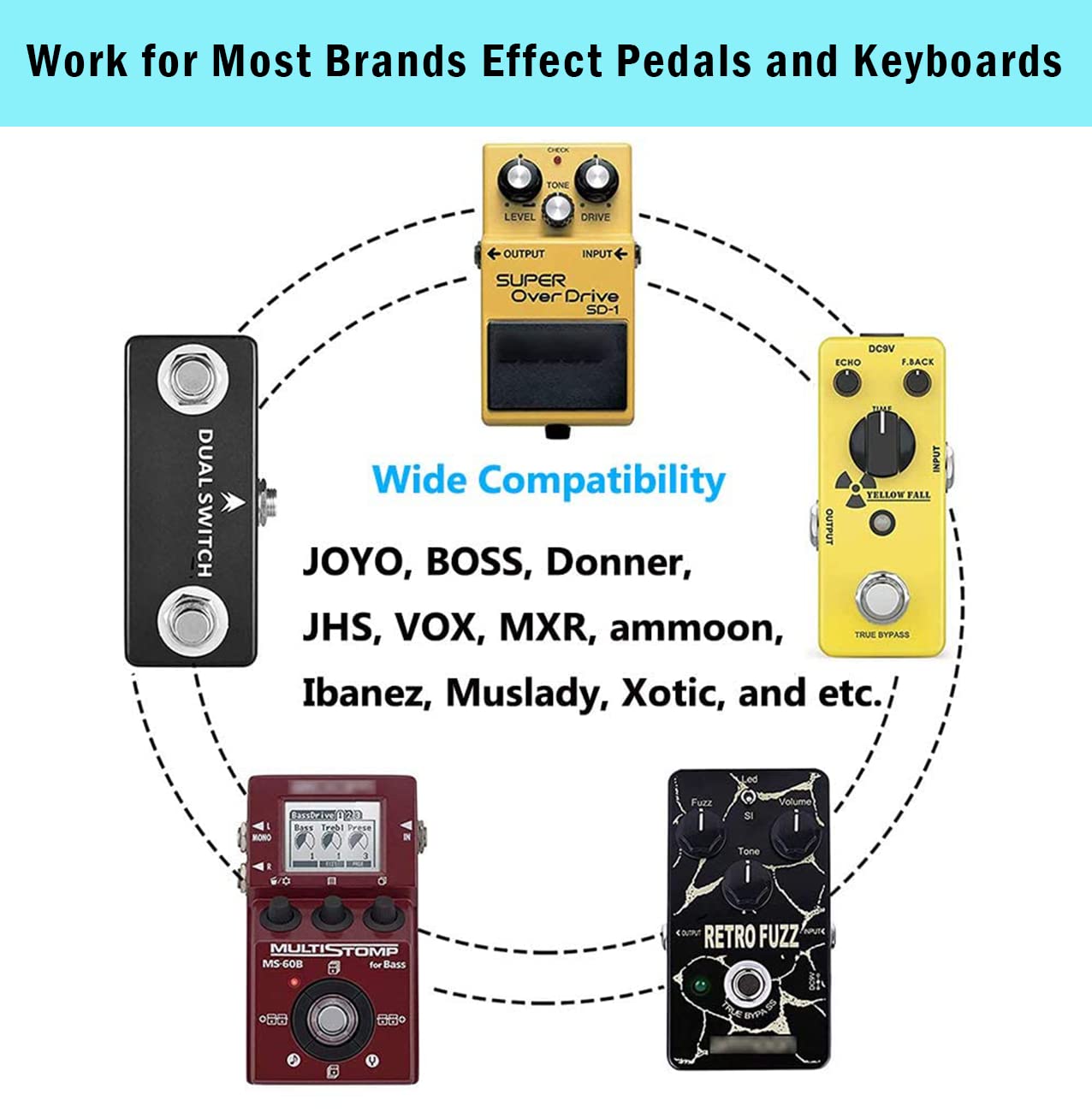 JOYO DC 9V Guitar Pedal Power Supply (800mA -1A) AC Wall Charger Adapter with 4 Way Daisy Chain Pedal Cables (8.8 FT), Compatible for Most Effect Pedals (Tip Negative)