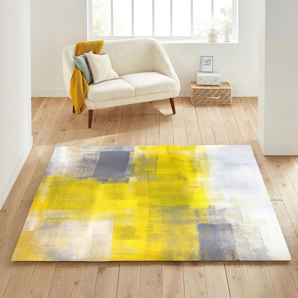 Yellow Grey Modern Abstract Area Rug 6x6 Aesthetic Square Arti Rug for Livingroom Bedroom Diningroom Ultra Soft Washable Office Kitchen Carpet Floor Runner Rugs