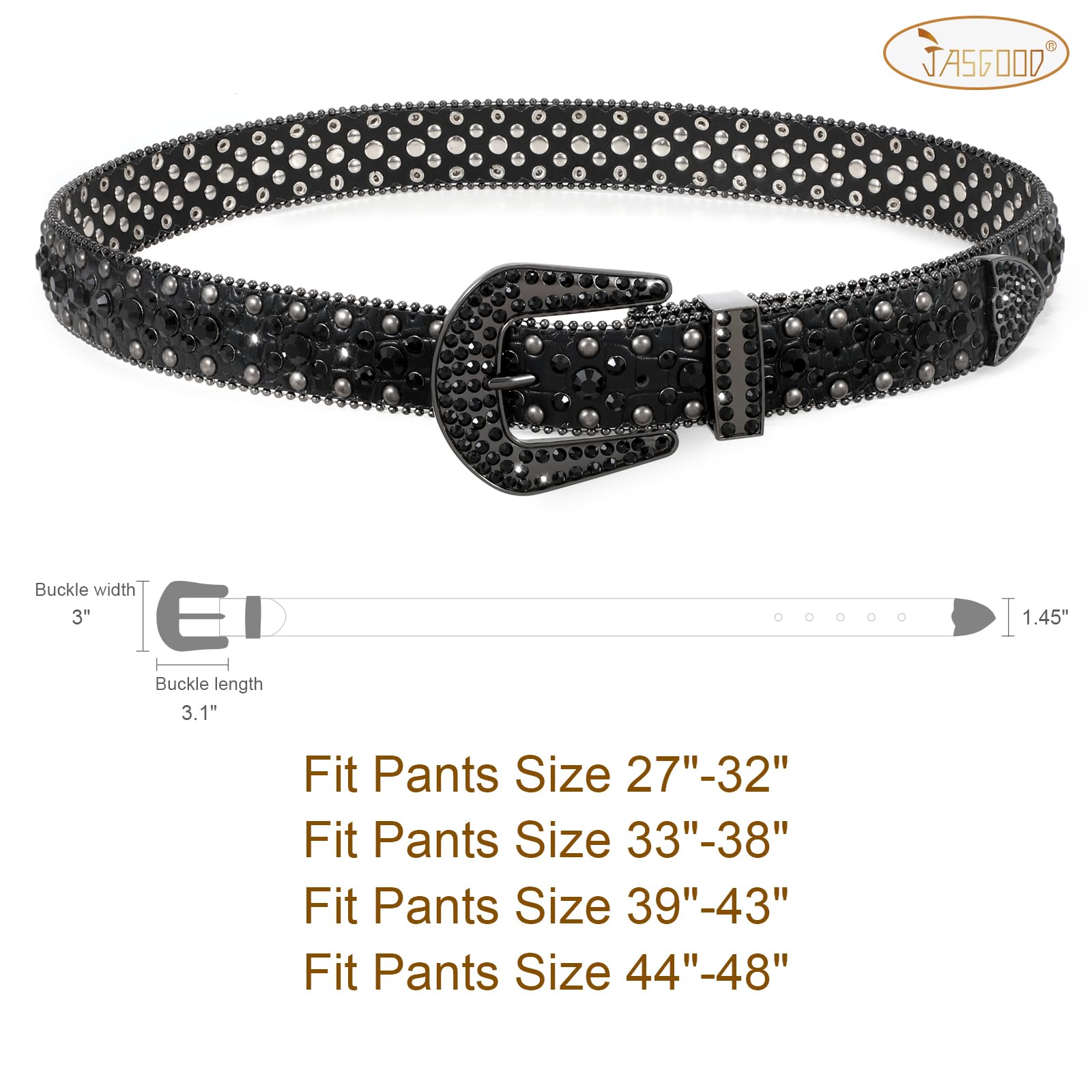 JASGOOD Cowboy Cowgirl Rhinestone Belt for Jeans, Men and Women Crocodile Grain Leather Studded Belt, E-Black, Suit Pants Size 33"-38"
