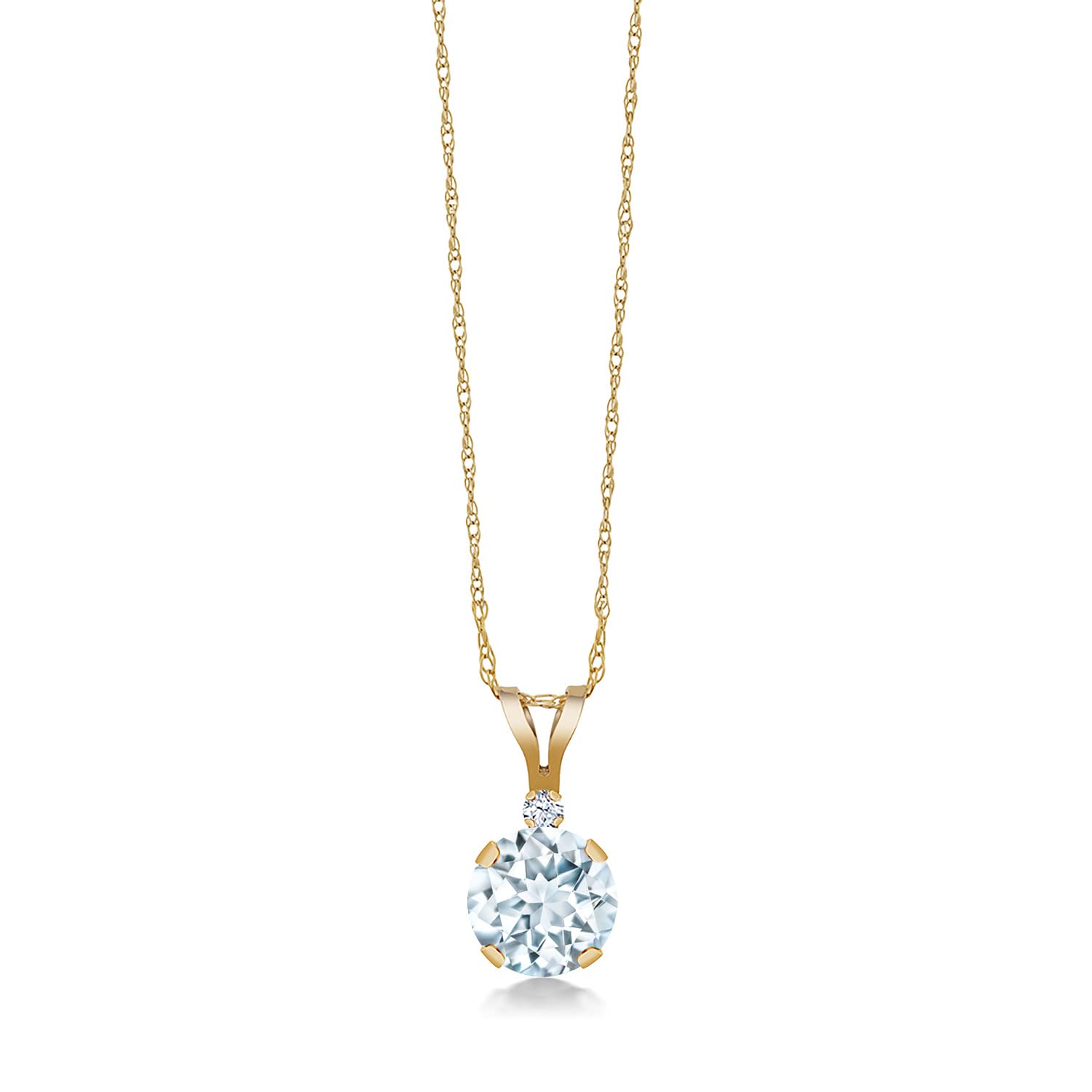 Gem Stone King 14K Yellow Gold Sky Blue Aquamarine and White Created Sapphire Pendant Necklace For Women (0.77 Cttw, Round 6MM, with 18 Inch Chain)