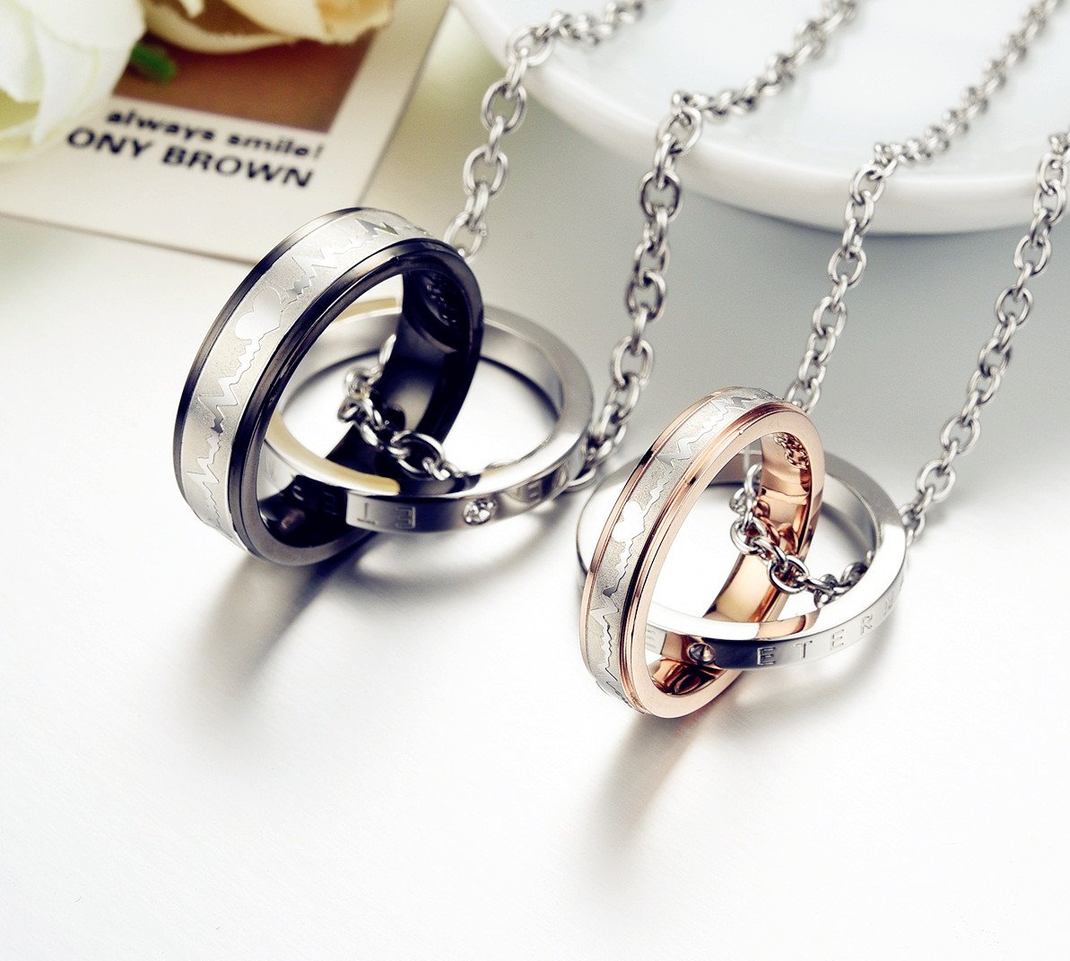 His & Hers Matching Set Titanium Stainless Steel Couple “Heart Beat Chart” Pendant Necklace in a Gift Box