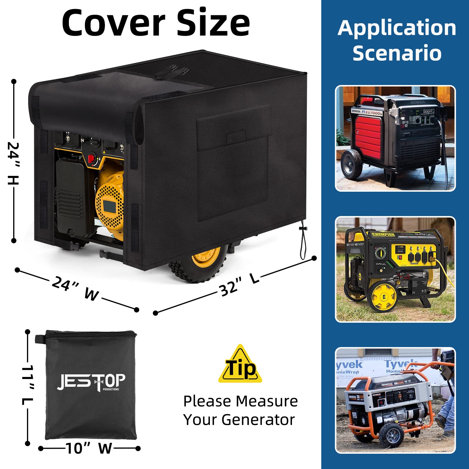 JESTOP Generator Cover Waterproof 32“L×24”W×24"H, Heavy Duty Snow/UV/Wind Proof 600D Oxford Universal Outdoor Protector Cover While Running, for Most Portable Generators Covers 5000-10000 Watt, Black