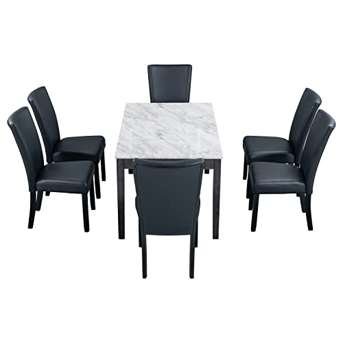 YUNLife 7-Piece Kitchen Dining 6, Faux Marble Rectangular Table with PU-Leather Chairs & 2 Drawers for Living Room, Breakfast Nook, Dinette Furniture Sets, Black59.7βx34.5βx30β