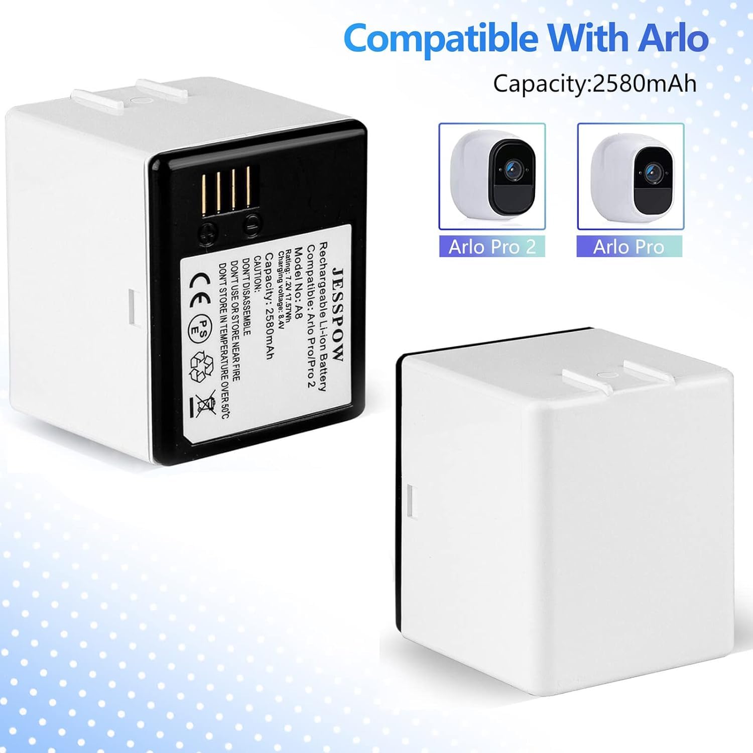 JESSPOW Replacement Battery for Arlo Pro, Arlo Pro 2 (VMA4400), 2-Pack 2580mAh Li-ion Rechargeable Batteries for Arlo Pro/Pro 2