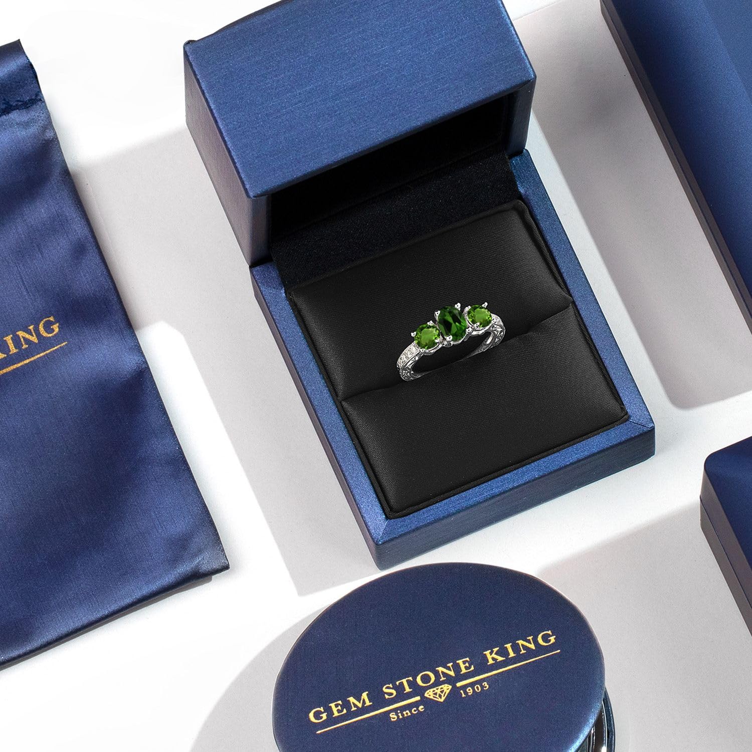 Gem Stone King 925 Sterling Silver Green Chrome Diopside 3-Stone Engagement Ring For Women (1.82 Cttw, Available 5,6,7,8,9) (Size 8)