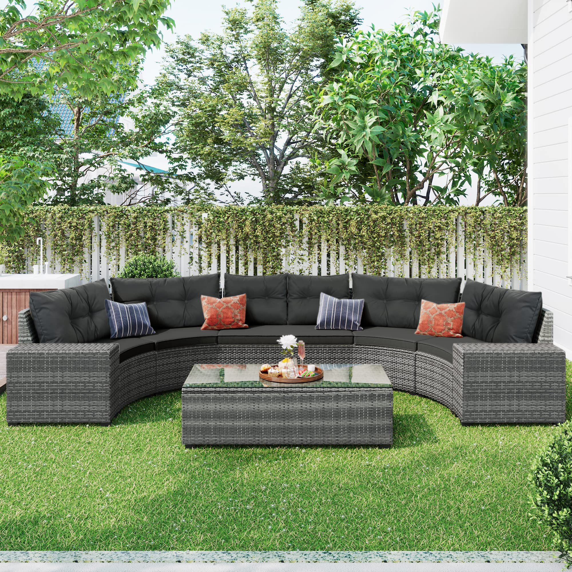 GODAFA 8-Pieces Outdoor Wicker Round Patio Furniture Set,Half-Moon Sectional Sofa with Rectangular Coffee Table,PE Rattan Water-Resistant,Movable Cushion, OneSize, Gray