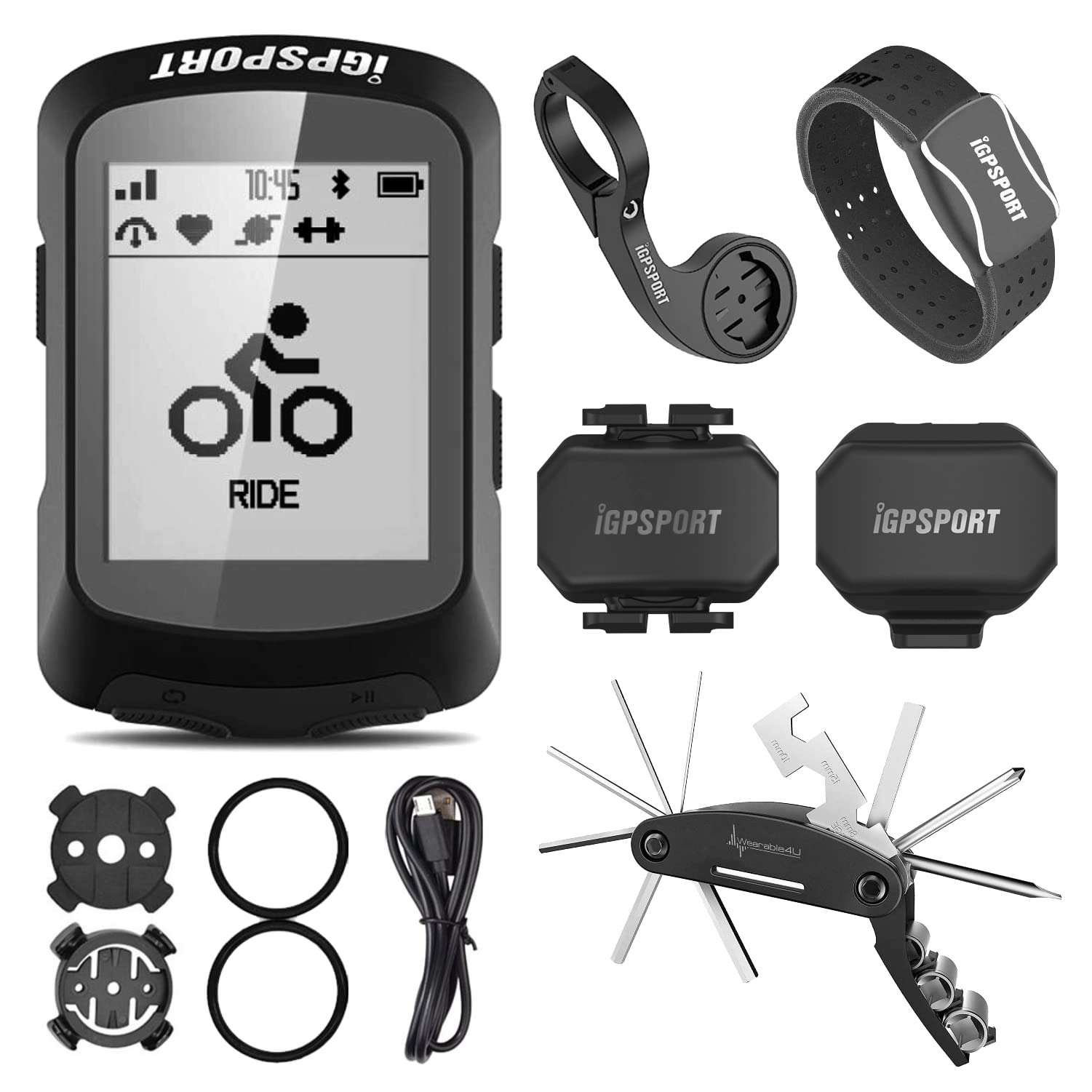 iGPSPORT iGS520 GPS Cycling Computer with HR60 Heart Rate, M80 Mount, SPD70 Speed and CAD70 Cadence Sensors and Wearable4U Bike Multi-Tool Bundle