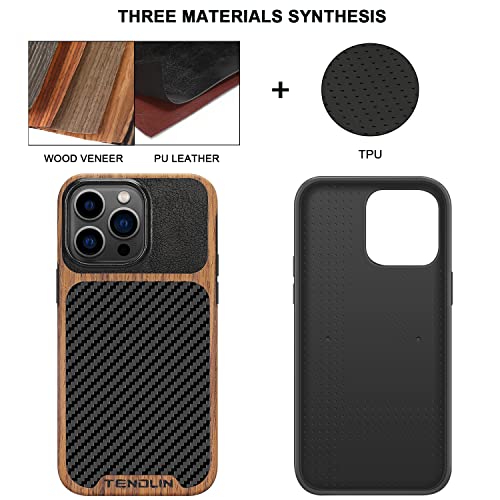TENDLIN Compatible with iPhone 14 Pro Max Case Wood Grain with Carbon Fiber Texture Design Leather Hybrid Slim Case Black