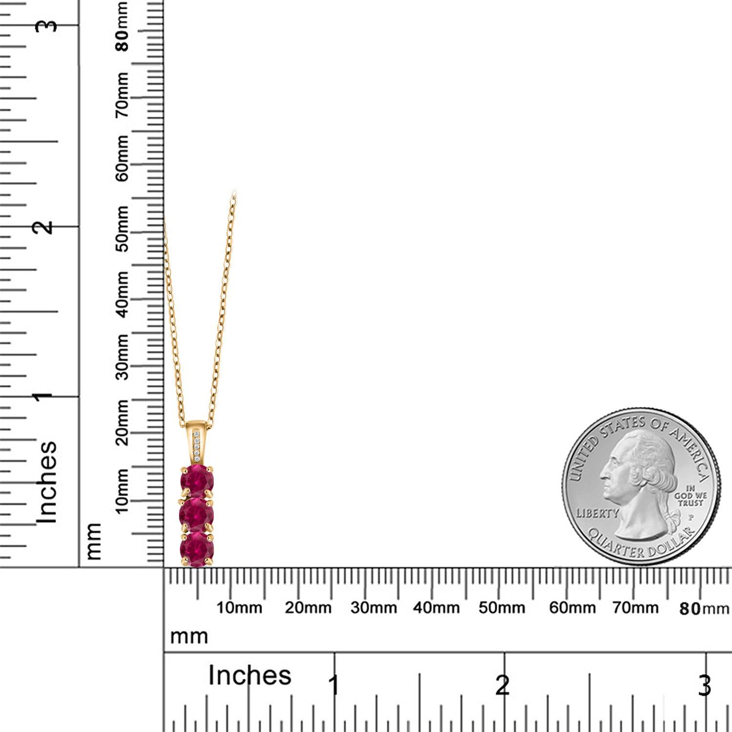 Gem Stone King Red Created Ruby and Diamond 18K Yellow Gold Plated Silver 3 Stone Pendant Necklace For Women (1.84 Cttw, Round 5MM, with 18 Inch Chain)