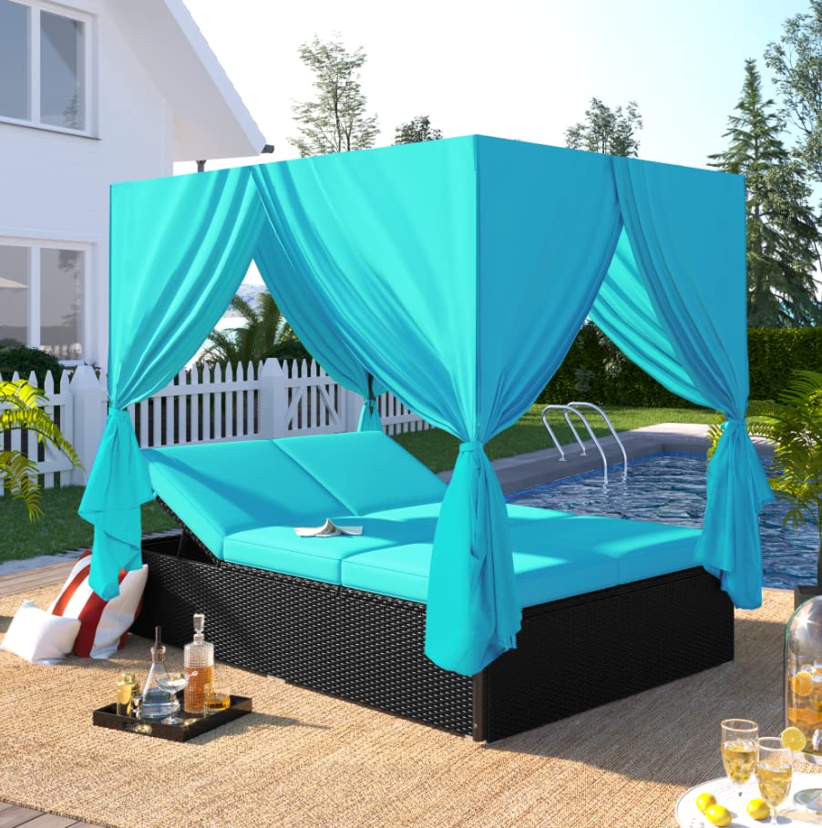 GODAFA Sofa Outdoor Patio Wicker Sunbed Daybed Lounge Chairs with Canopy, Cushions, and Adjustable Seats-Perfect for Backyard and Porch Relaxation, Blue