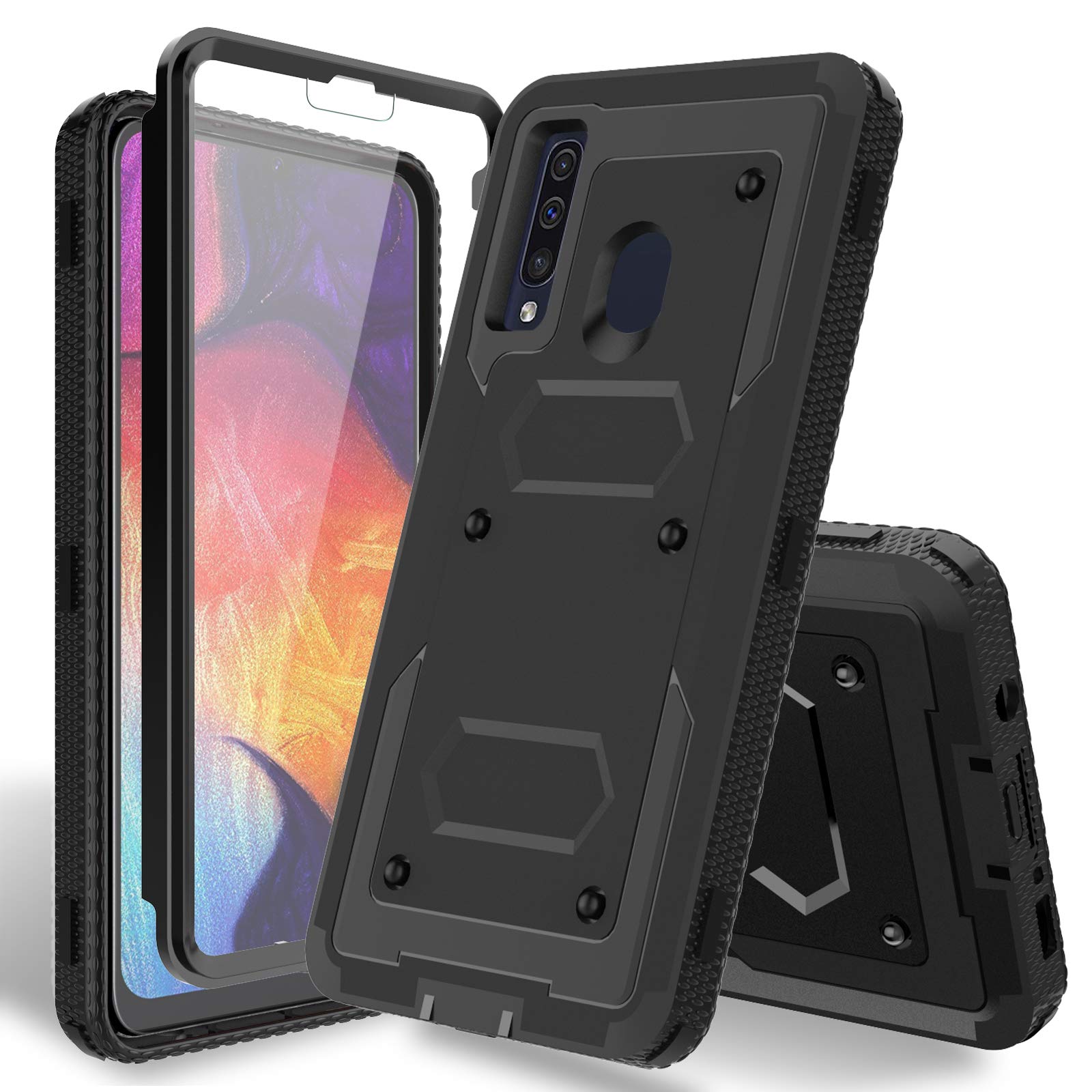 HATOSHI for A20 Case, A50 Case with Built-in Screen Protector, Heavy Duty Protection Armor Shockproof Rugged Protective Phone Cover-Black
