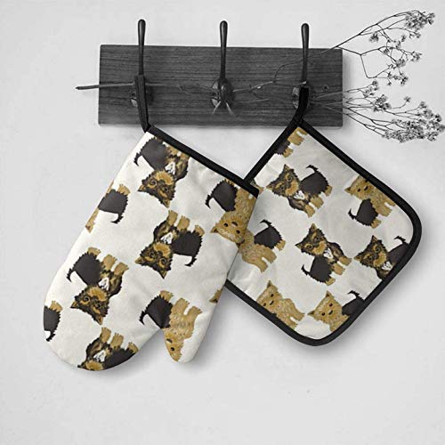 Honge Cute Yorkie Dog Pet Kitchen Waterproof Heat Resistant Oven Mitts and Potholders for BBQ Cooking Grilling