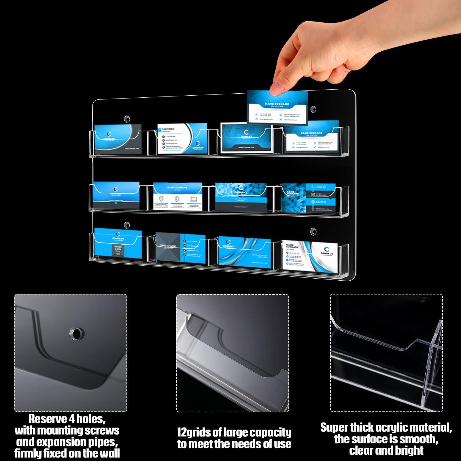 Lincia Acrylic Business Card Holder Wall Mount Clear Sticker Display Rack Multiple Card Holders Clear Acrylic Card Organizing Sticker Display Stand Pre Drilled Acrylic Display (12 Pocket)