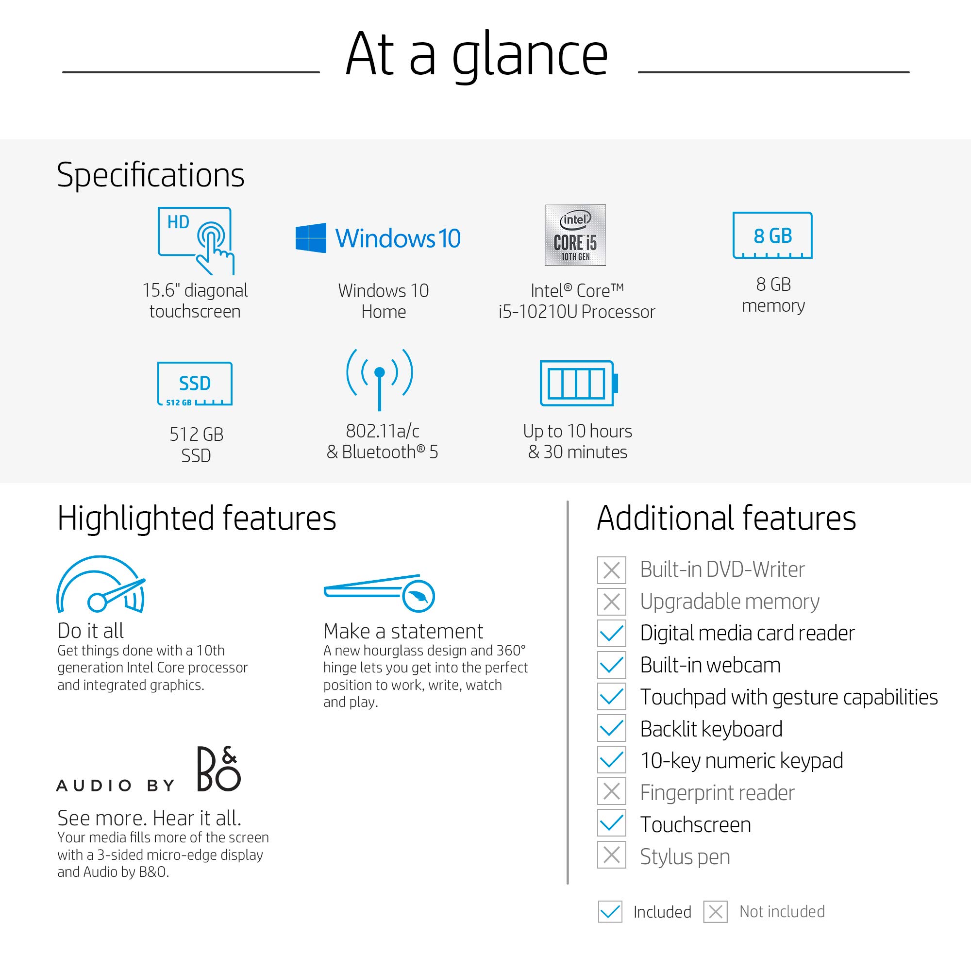 HP Pavilion x360 15 2-in-1 Convertible Laptop, Intel Core i5-10210U, 8 GB RAM, 512 GB SSD Storage, 15.6-inch HD Touchscreen Display, Windows 10 Home (15-dq1020nr, 2020 Model)