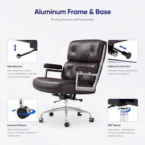 Rimdoc Padded Mid Back Office Chair with Armrest Big Desk Chair 350 Pounds Capacity, High Adjustable, Tilt and Forth, Heavy Duty Aluminum Alloy Frame, Lumbar Support, Genuine Leather, Brown