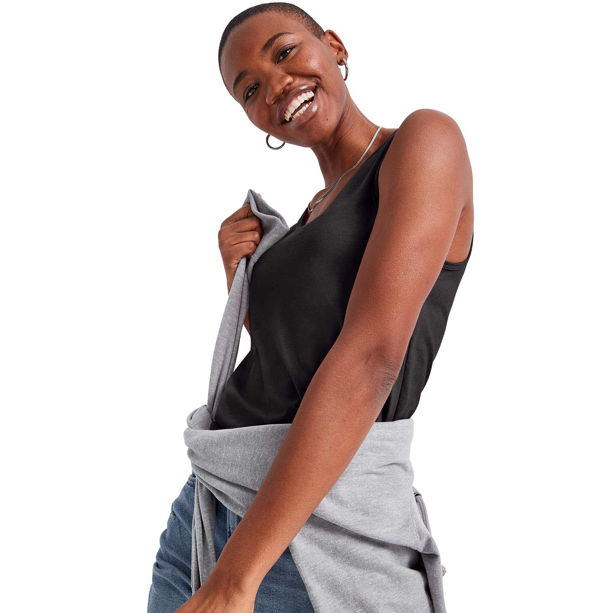 Hanes Originals Top, Cotton Tanks for Women, Relaxed Fit, Sleeveless, Plus, Black, Medium