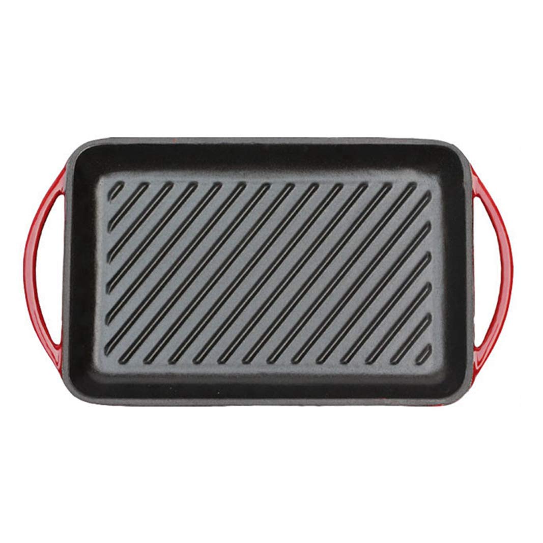 LI-GELISI Enameled Pre-Seasoned Cast Iron Double Handle Rectangle Grill Pan 15.8 inch, Red