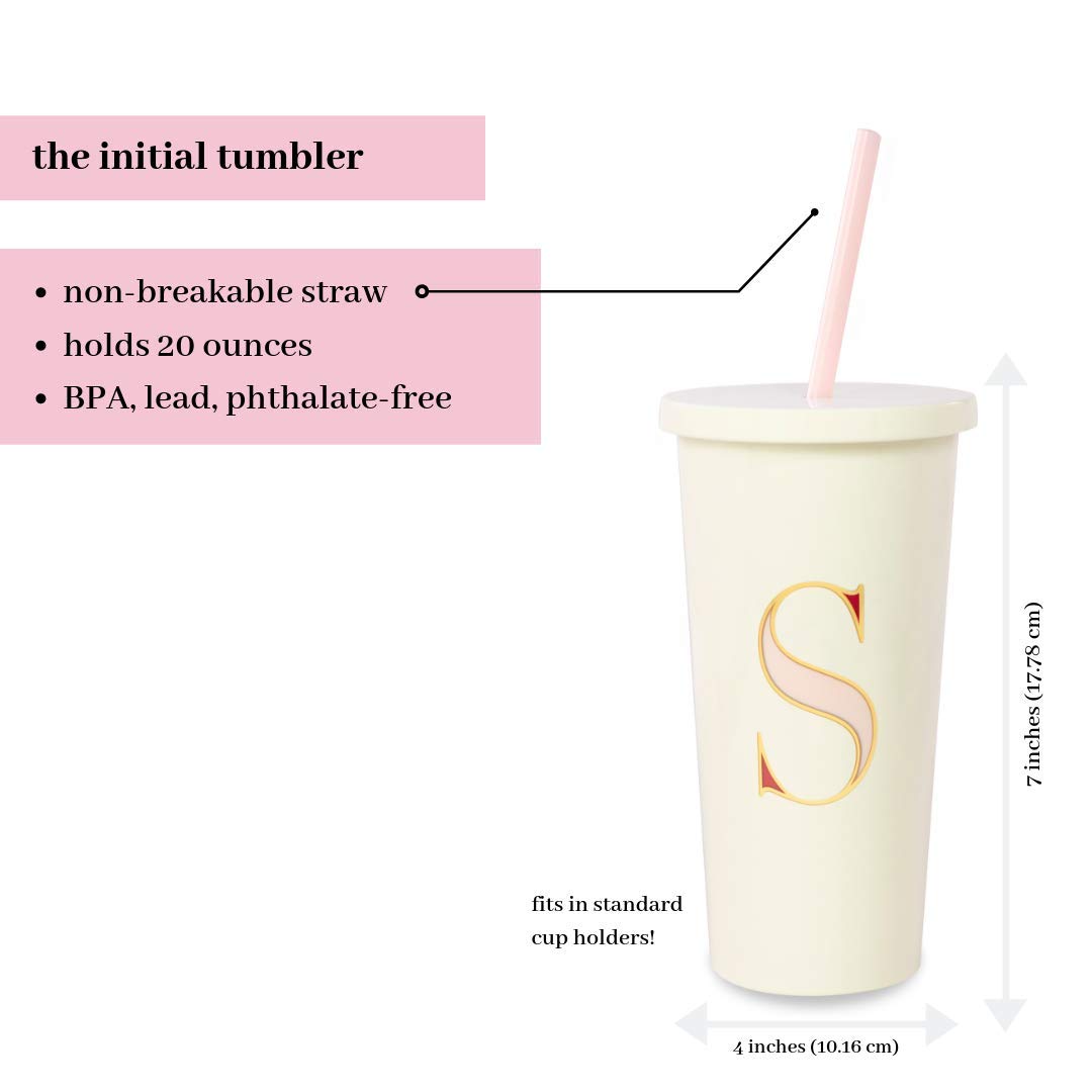 Kate Spade New York Insulated Initial Tumbler with Reusable Straw, 20 Ounce Acrylic Travel Cup with Lid, S (Pink)