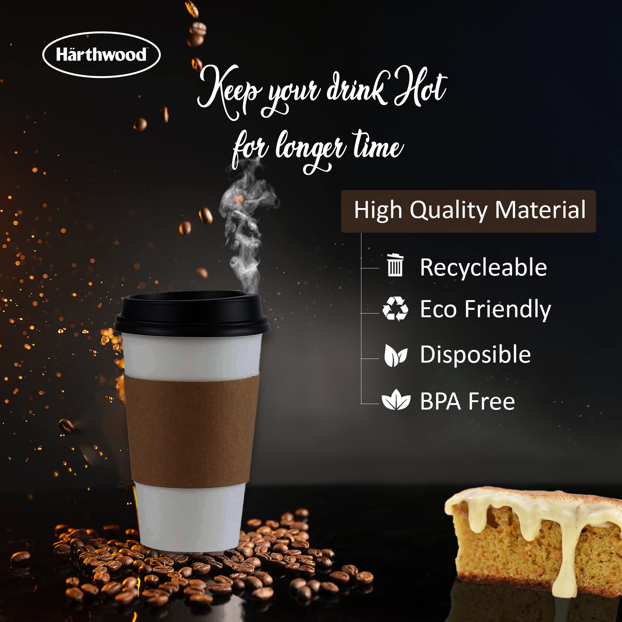 HÄRTHWOOD 16 oz Paper Coffee Cups with Lids - 50 Pack, White and Disposable Coffee Cups with Black Dome Lids and Kraft Sleeves NEW IMPROVED…