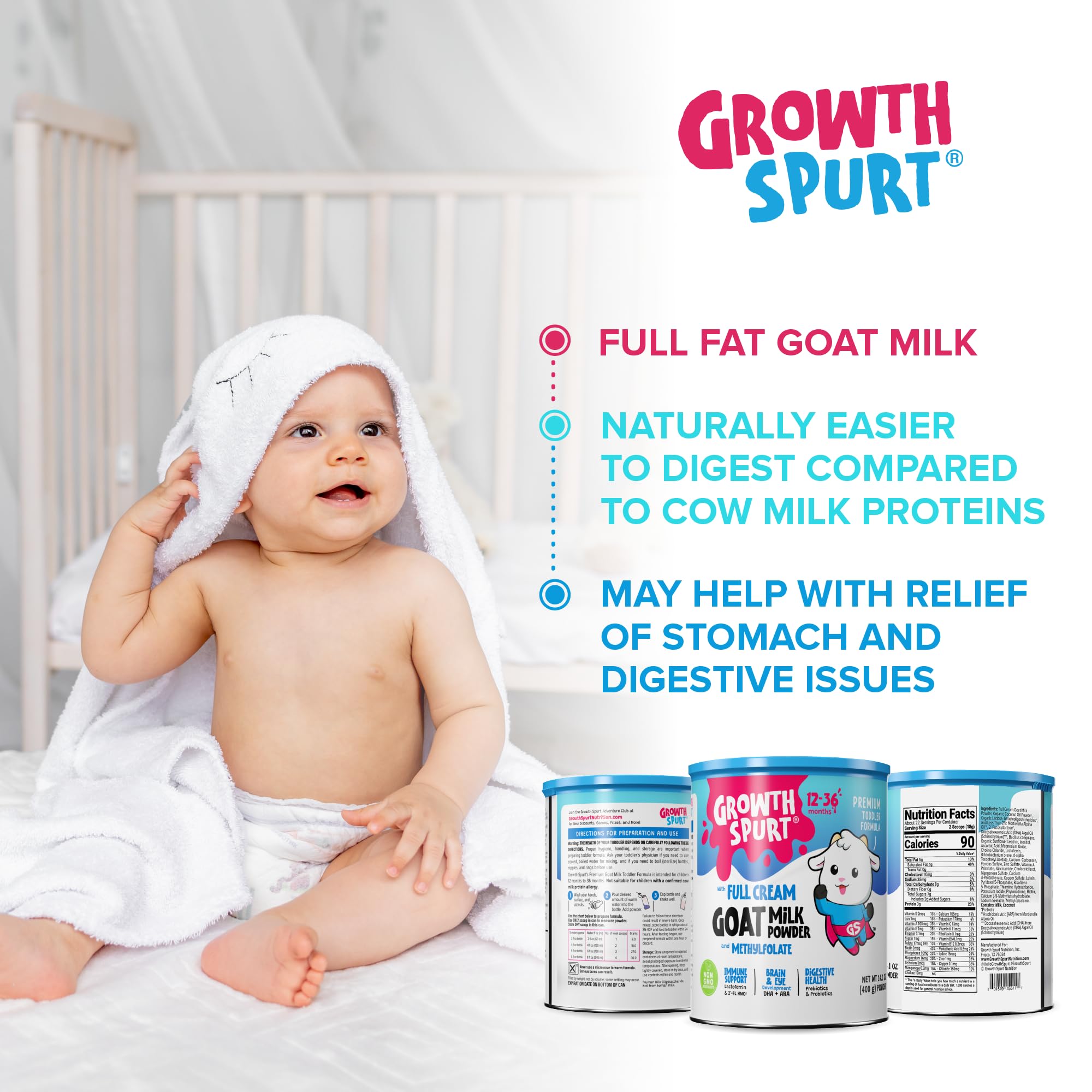 Growth Spurt Goat Milk Toddler Formula – Powdered Goat's Milk Toddler Formula – Lactoferrin, 2'-FL HMO, Prebiotics, Probiotics, Iron, DHA & ARA, Immune Support, Non GMO Infant Baby (12 Pack)