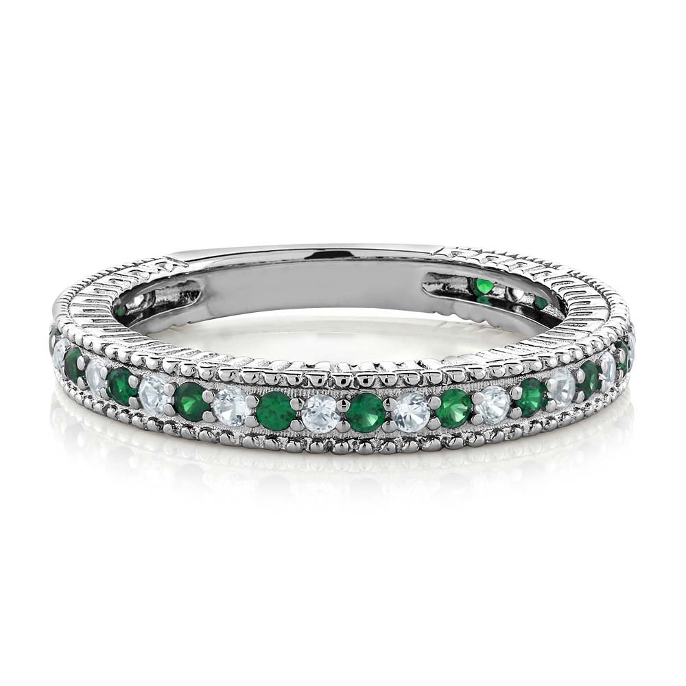 Gem Stone King 925 Sterling Silver Green Simulated Emerald and White Created Sapphire Ring | Anniversary Wedding Band Ring For Women | 0.48 Cttw | Available In Size 5, 6, 7, 8, 9