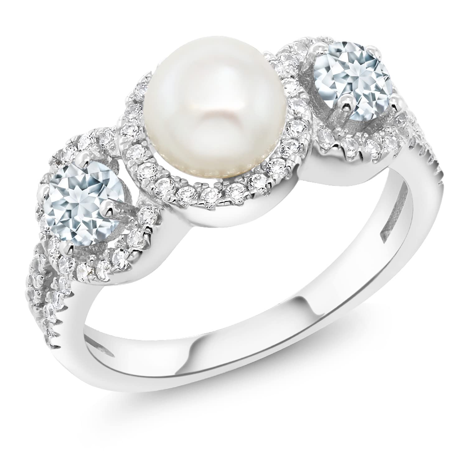 Gem Stone King 925 Sterling Silver Cultured Freshwater Pearl and Sky Aquamarine Engagement Ring For Women (1.24 Cttw, Available 5,6,7,8,9) (Size 7)