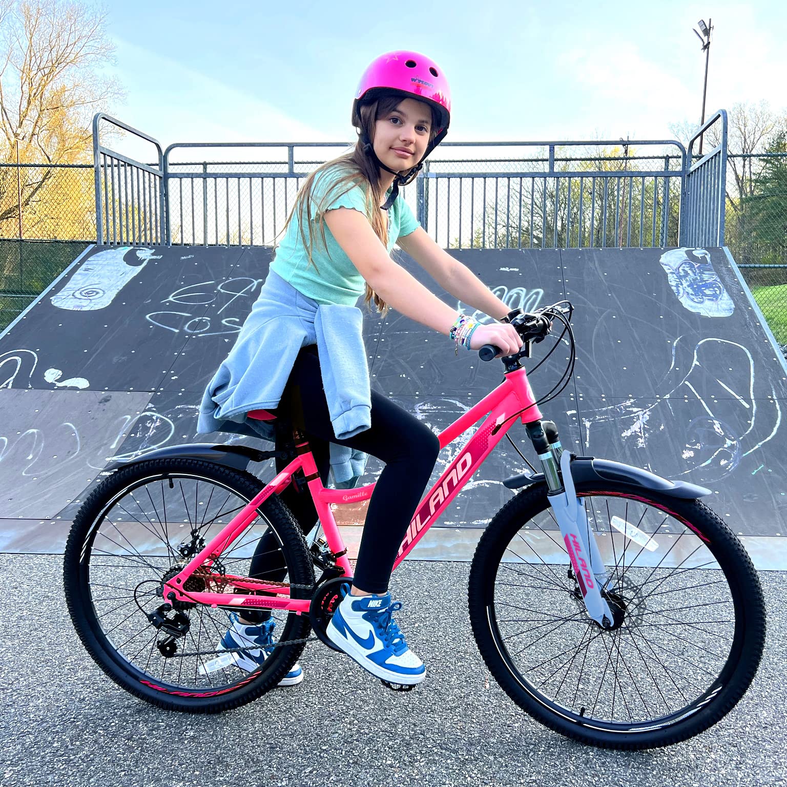HH HILAND 26 Inch Womens Mountain Bike, with Step-Through Frame, 21 Speeds, Suspension Fork MTB, Bicycle for Women Men Adult Pink