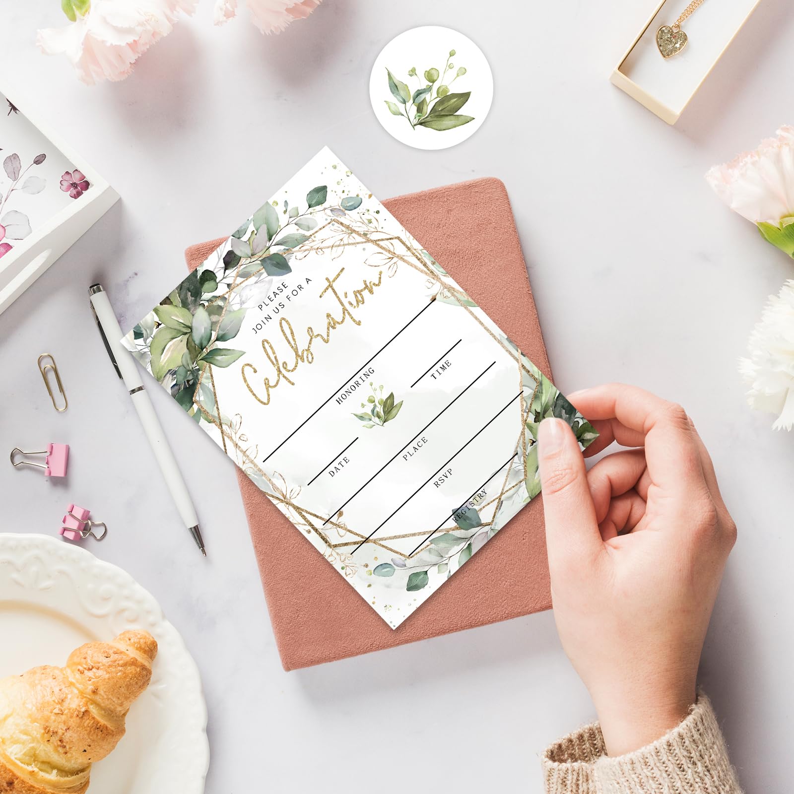 Whaline 25 Sets Greenery Invitations with Envelopes Stickers Watercolor Eucalyptus Leaves Invitation Cards Green Leaves Blank Invites for Wedding Bridal Baby Shower Birthday, 5 x 7 Inch
