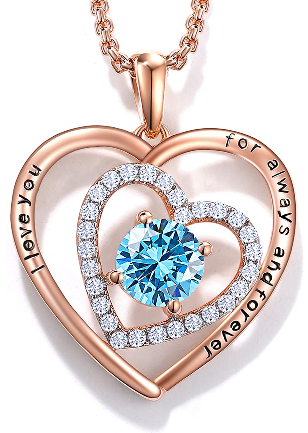 JD & P Rose Gold Double Heart Pendant Necklace for Women, March Cubic Zirconia Birthstone Jewelry Birthday Christmas Gift Ideals for Mom Mother Wife Daughter Grandma Girlfriend Her
