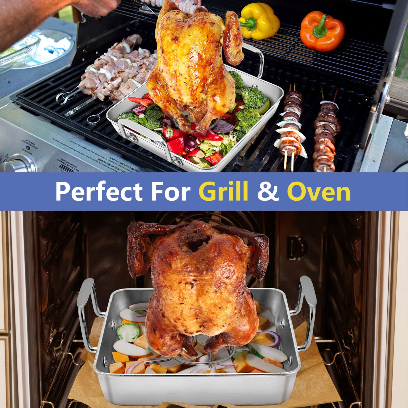 LIANYU Roasting Pan with Beer Can Chicken Holder, Stainless Steel Roaster Pan for Grill Smoker or Oven, Heavy Duty Lasagna Veggies Cooking Tray, Plus Meat Claws & Brush, Dishwasher Safe, 5 Pieces