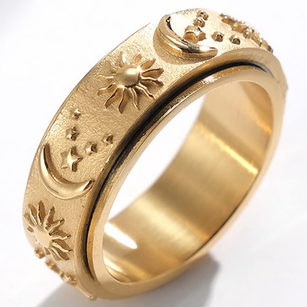 Jude Jewelers Stainless Steel Sun Moon Star Rotating Spinning Band Style Anxiety Relief Ring (Gold, 8)