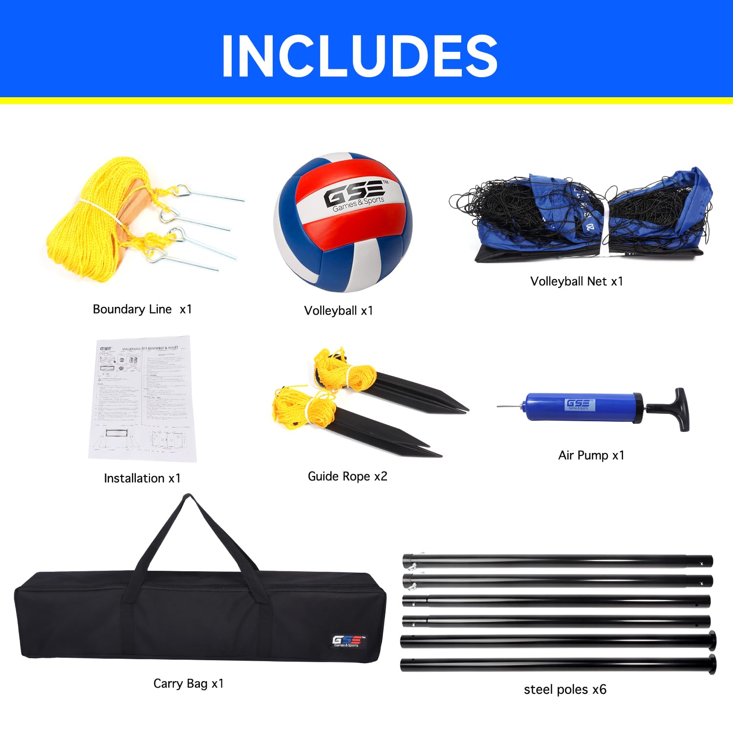 GSE Portable Volleyball Complete Set for Outdoor Backyard, Lawn, Park, and Beach. Professional Volleyball Net System with Poles, Volleyball & Pump, Boundary Line, and Carrying Bag(Recreational)