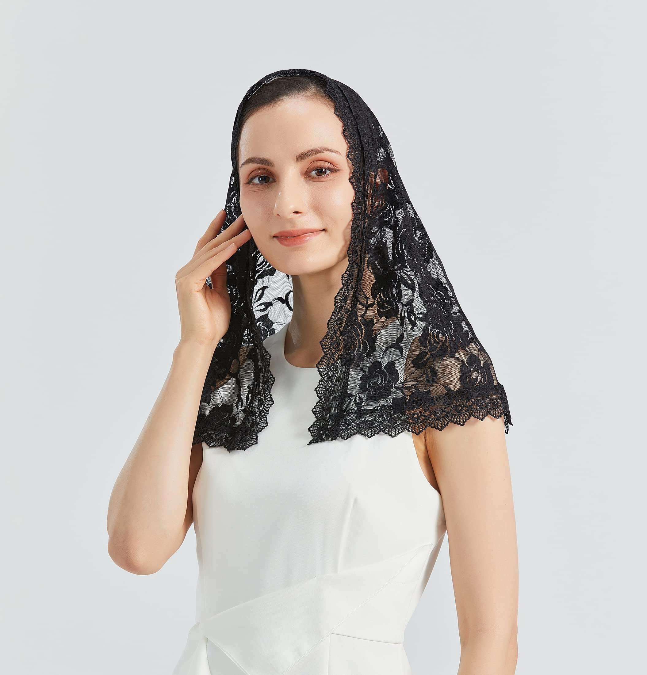 Grettytling Lace Mantilla Veil Soft and comfortable 7 Colors Spanish Style Rose Lace Veil Head Covering D Shape , 2pcs Black&white