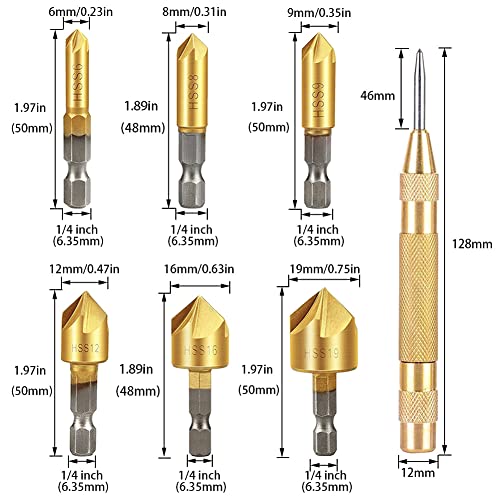 Kigauru 6 Pcs Countersink Drill Bit Set 1/4 Inch Hex Shank 90 Degree Sets High Speed Steel 5 Flute Countersink Bit Wood Quick Change Bit 6mm-19mm with 1 Pcs Automatic Center Punch Tool