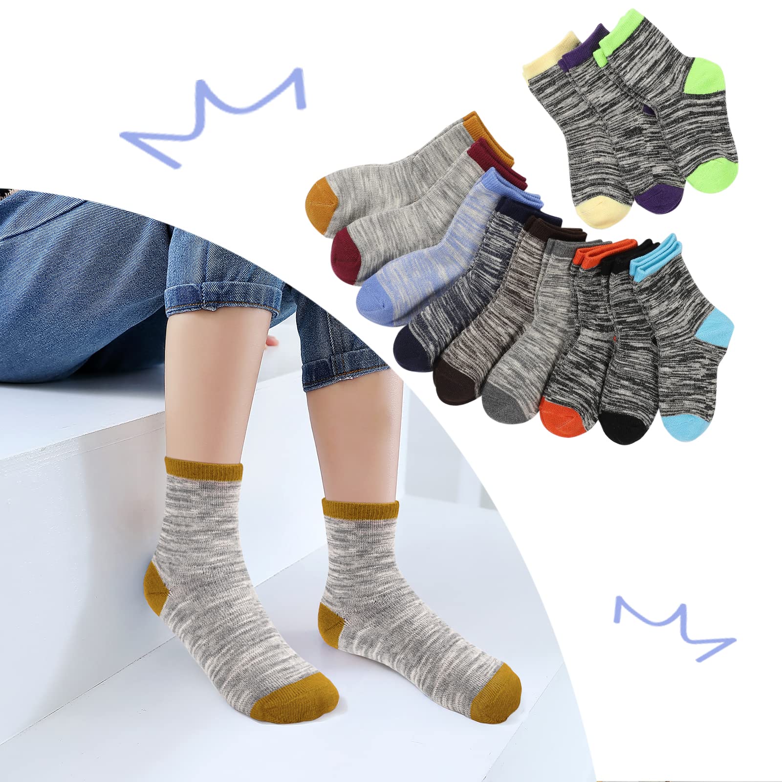 KEREDA Boys Girls Ankle Socks 12 Pairs Kids Half Cushion Quarter Socks 10-14 Y Multicolor04