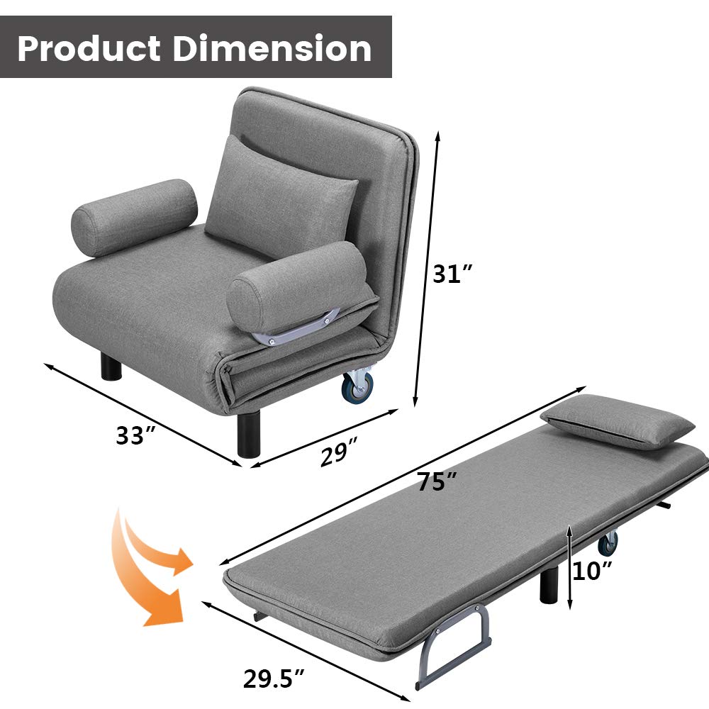 HOMHUM Convertible Sofa Bed Sleeper Chair Folding 5 Position Arm Chair Sleeper w/Pillow, Upholstered Seat, Wheel Design, Leisure Chaise Lounge Couch for Home Office (Gray)