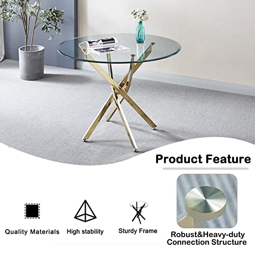 Gnrolaz 5 Piece Dining Set for 4, Glass Kitchen Table and 4 PCS Dining Chair Set for Home, 36'' Round Round Dining Table with Stainless Steel Legs (Gold 36in Table+4 Chairs)